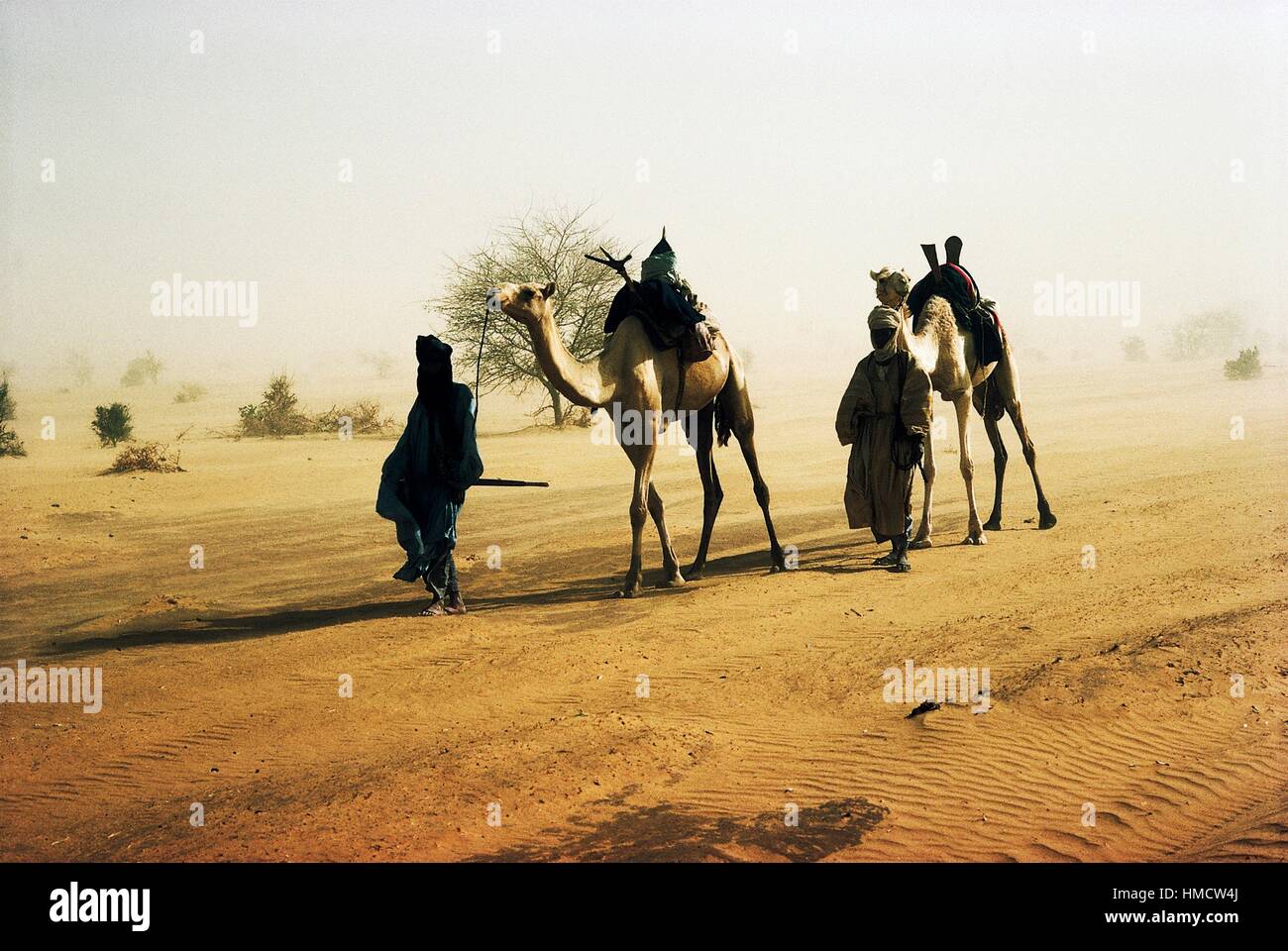 Tuareg people during a sandstorm near Aderbissinat, Agadez region ...