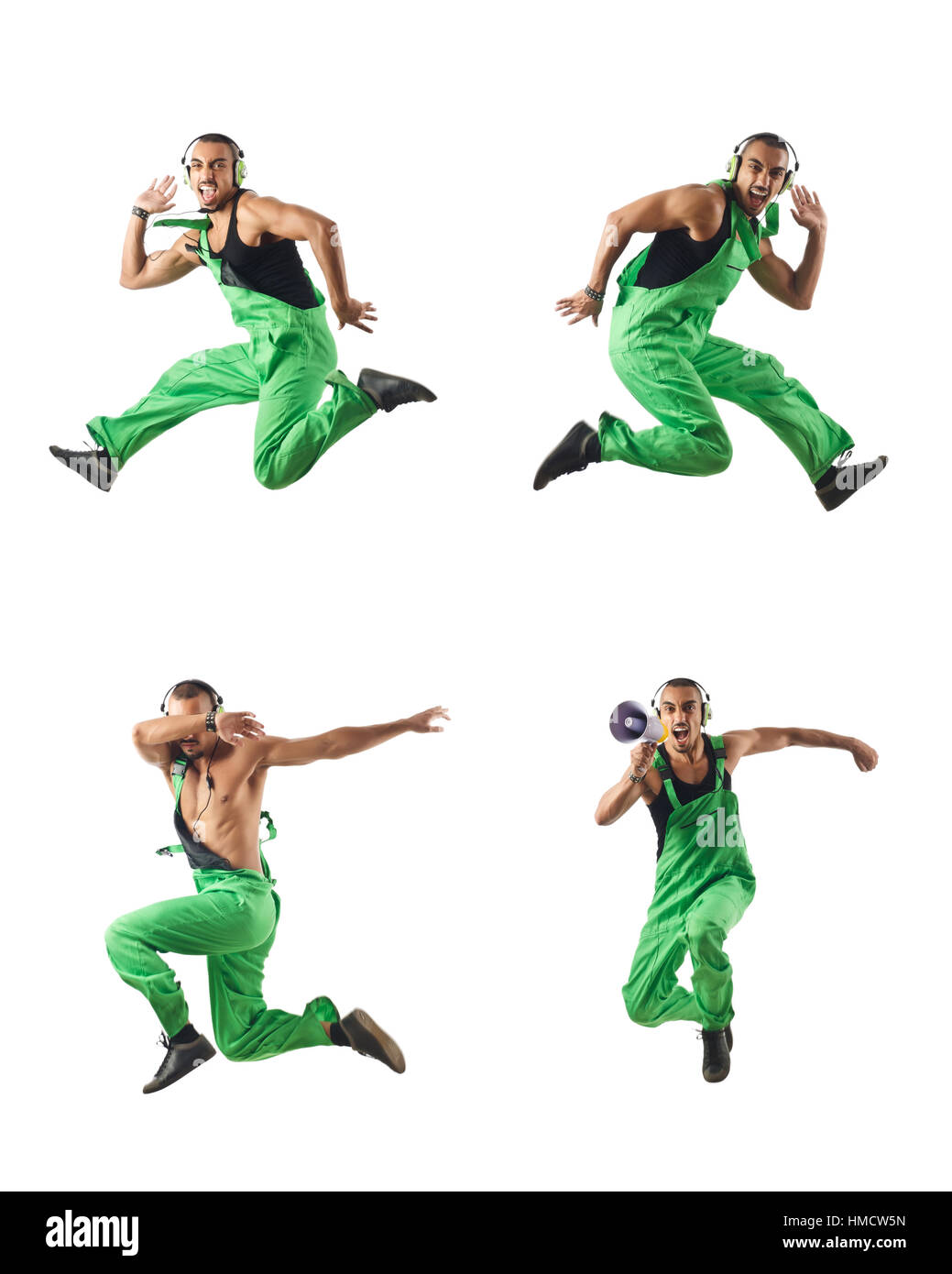 Construction worker jumping and dancing Stock Photo - Alamy