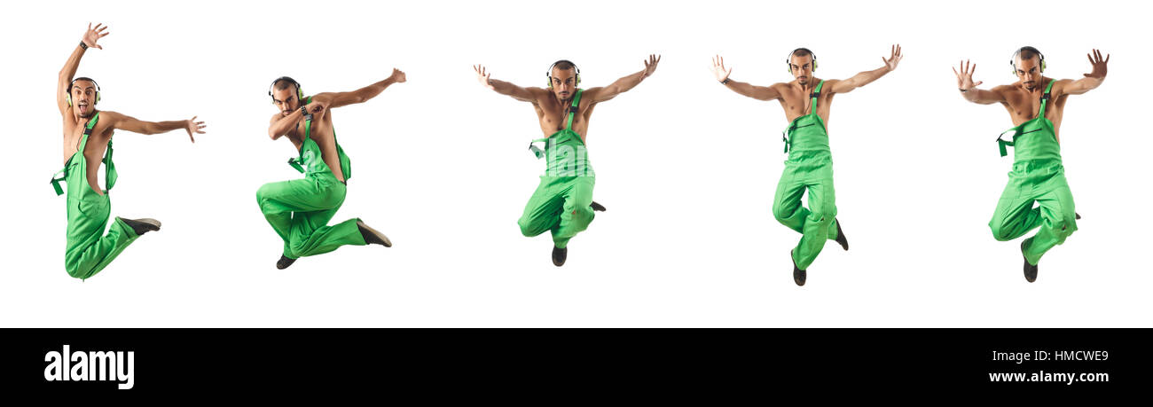 Construction worker jumping and dancing Stock Photo - Alamy