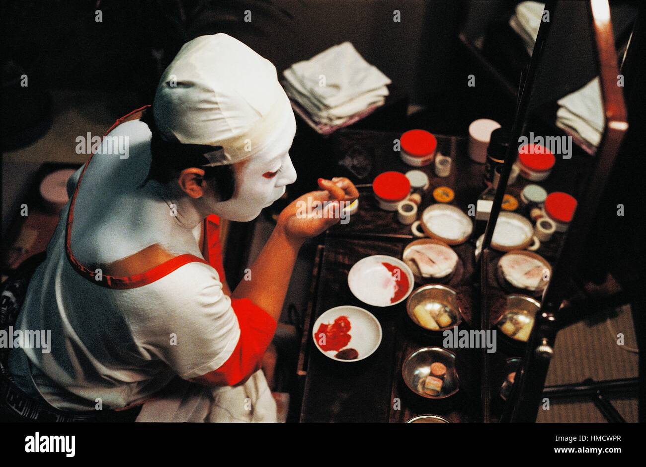 Actor putting on kumadori, stage makeup, Kabuki theatre, Tokyo, Japan ...
