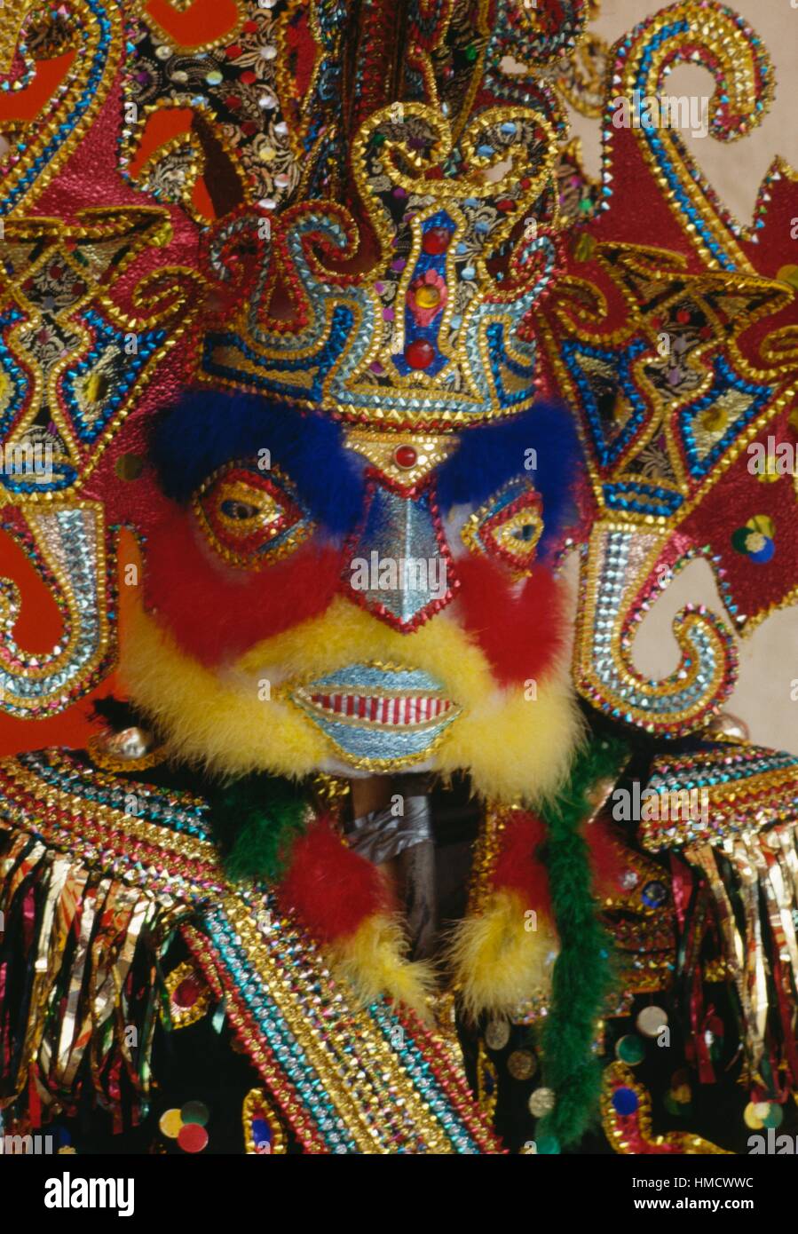 Multicoloured carnival mask decorated with feathers and sequins, Port ...