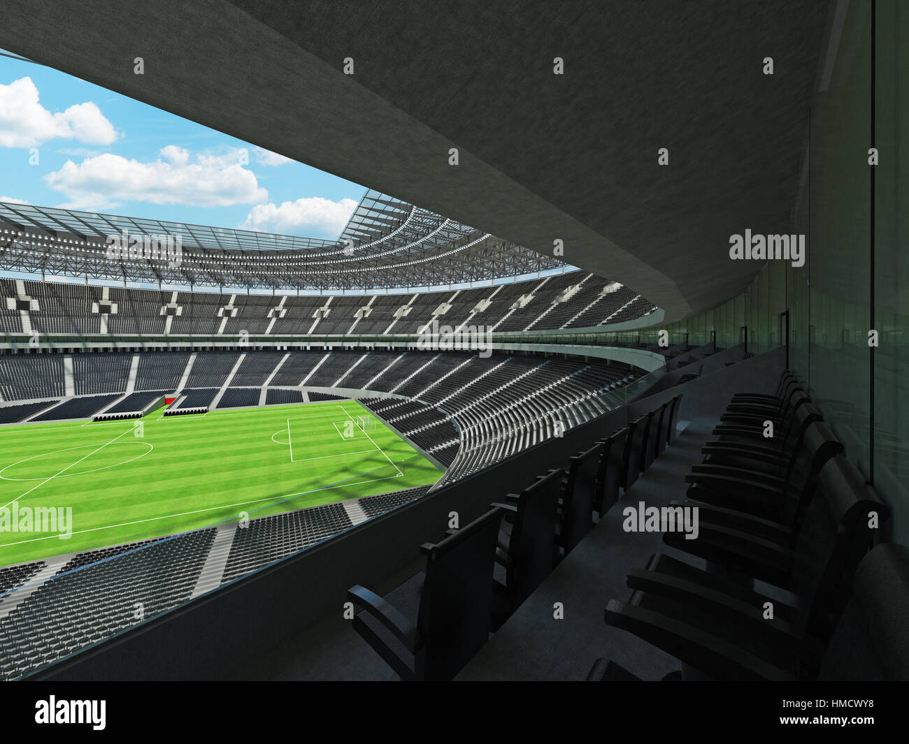 3D render of a round football - soccer stadium with black seats for ...
