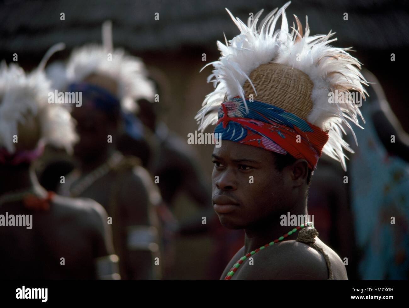 Dancer wearing traditional headgear during the harvest festival, Togo ...