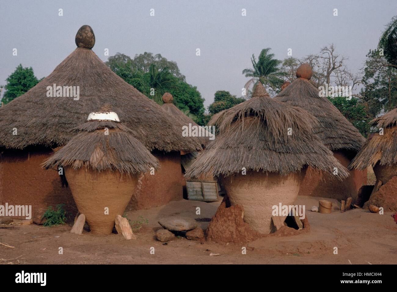 Tata, fortress house, and circular huts in a village, Togo Stock Photo ...