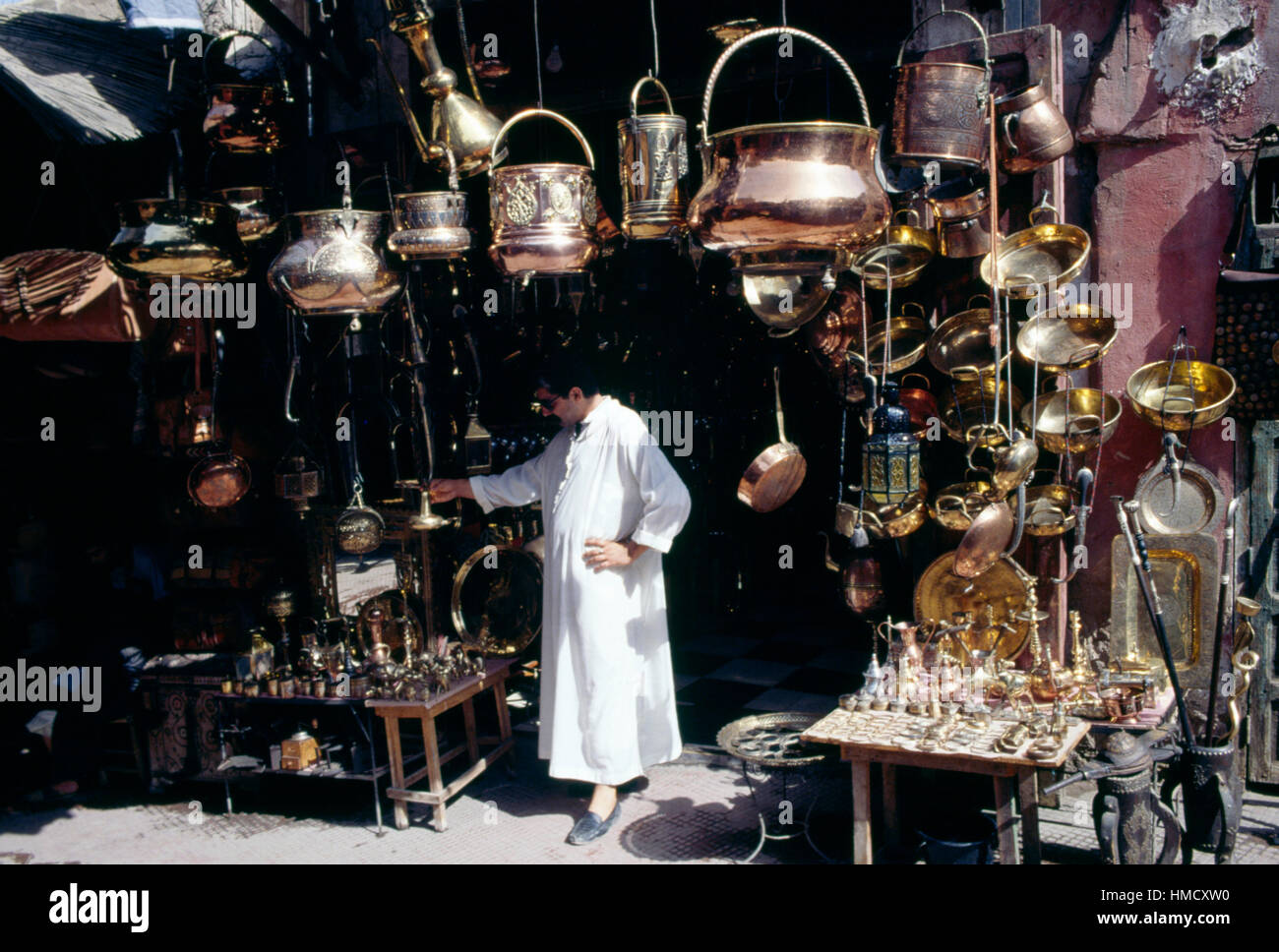 Copper utensil and pot shop in a souk, medina of Marrakech (UNESCO ...
