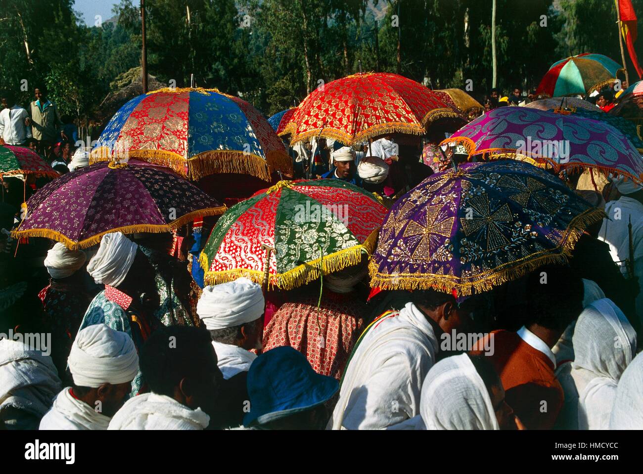 The faithful shading themselves under umbrellas, Timkat festival ...