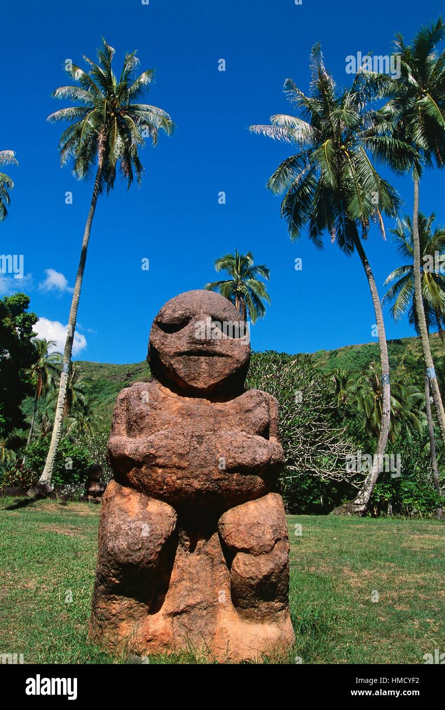 Statue in the Marae Arahurahu, sacred place, Tahiti, Society islands ...
