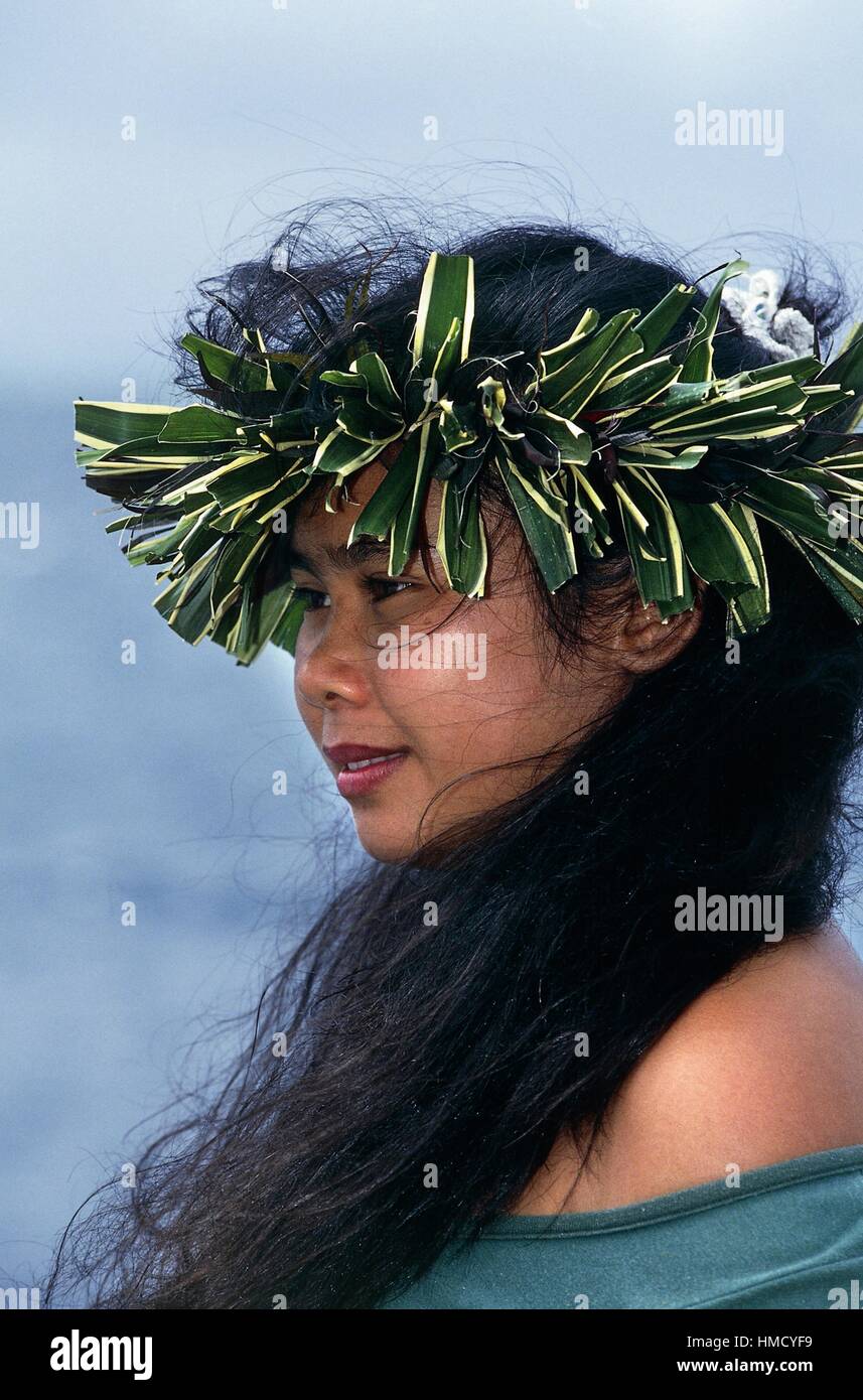 A girl sporting a traditional hairstyle, Raiatea island, archipelago of ...