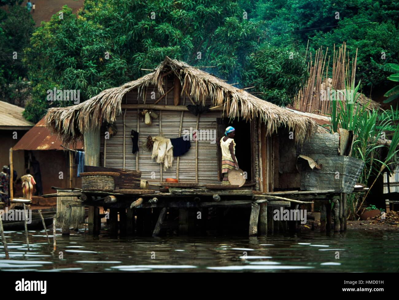 House built on water, pile dwelling, Tiagba, Ebrie Lagoon, Ivory Coast ...