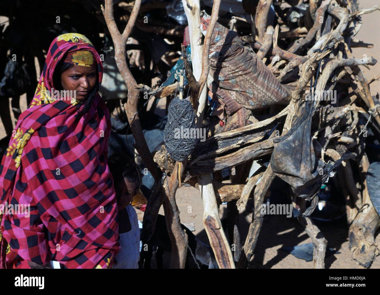 Nomadic girl near a hut in Wadi Muqaddam, Sudanese-Libyan desert, Sudan ...