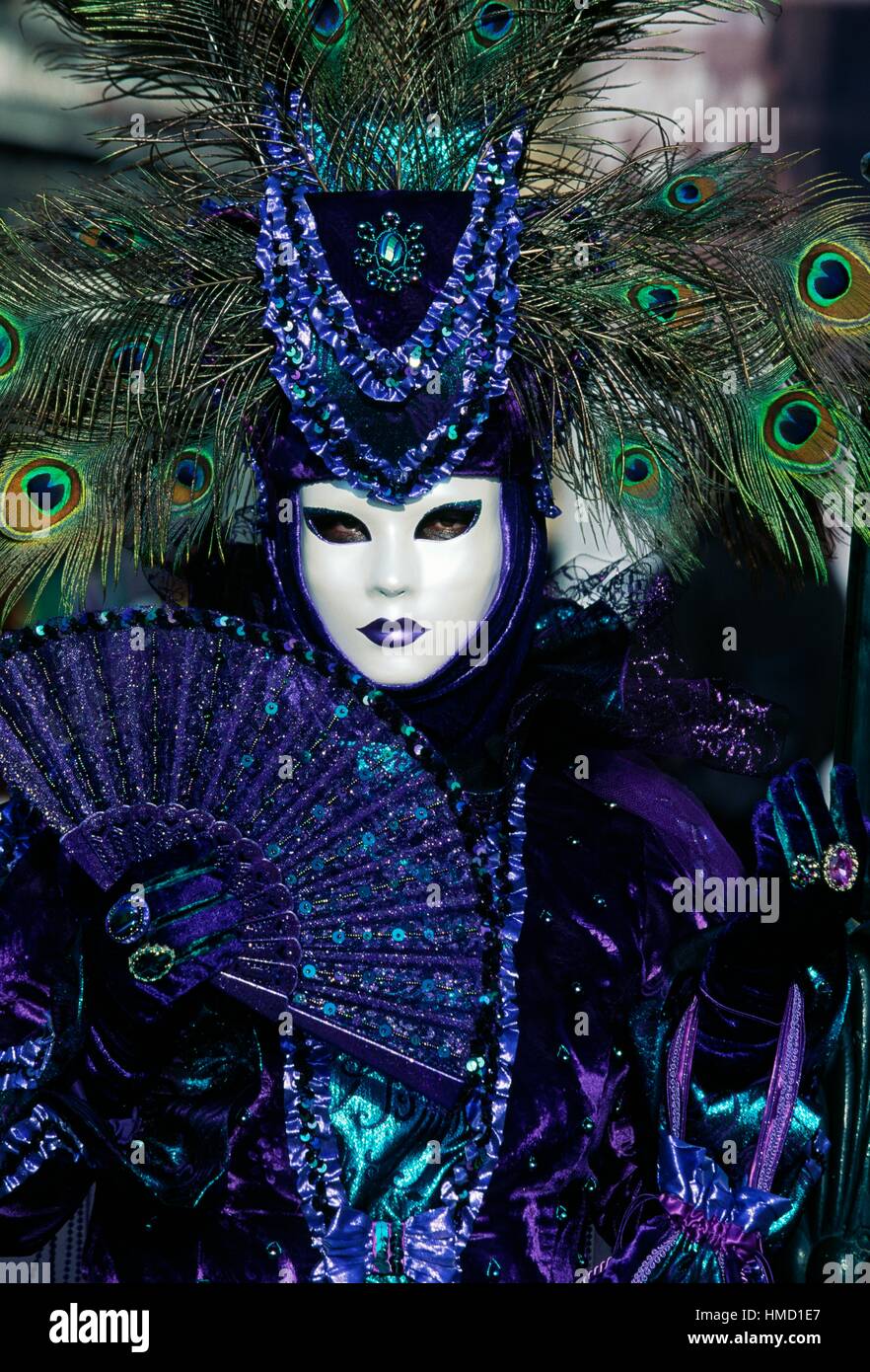 Costume With Peacock Feathers At Venice Carnival Veneto Italy Stock