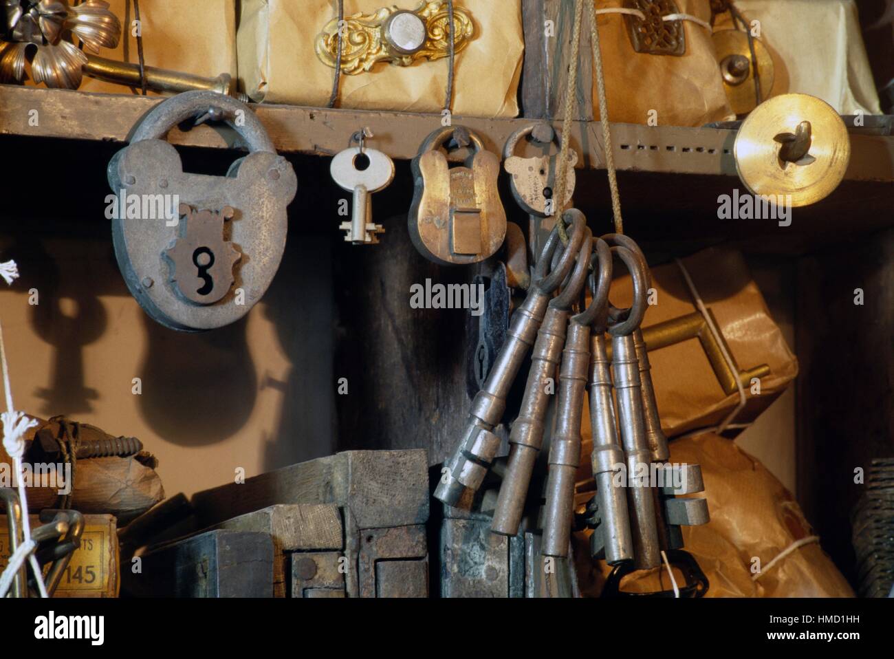 Keys and locks, counter in a hardware shop, York Castle Museum, York ...
