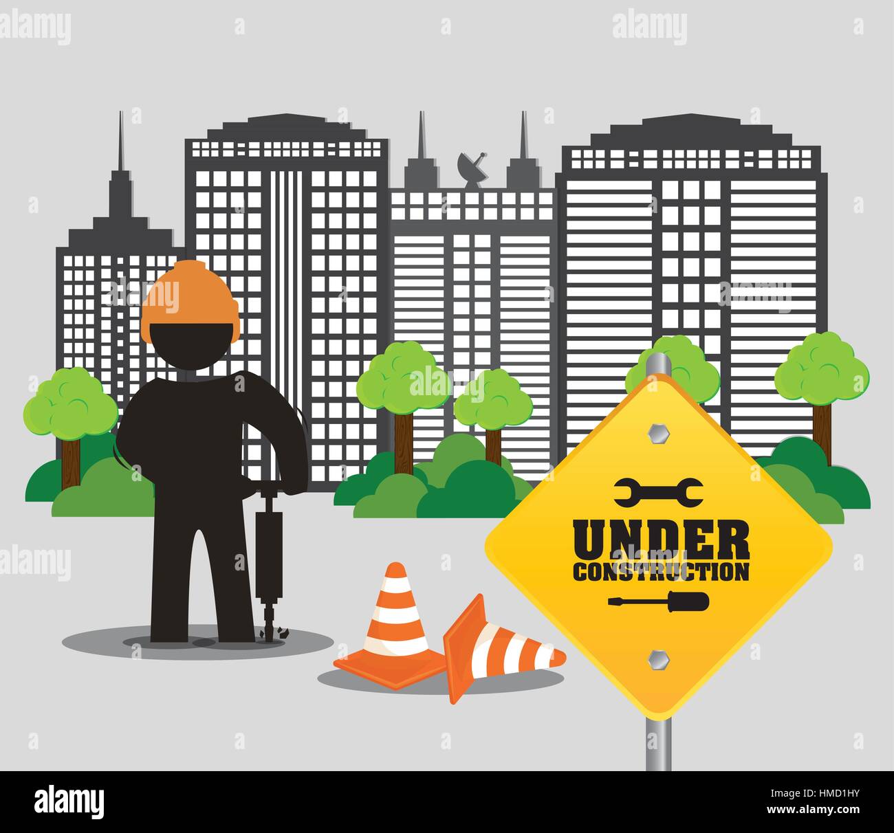 under construction worker city road cone building and trees vector ...