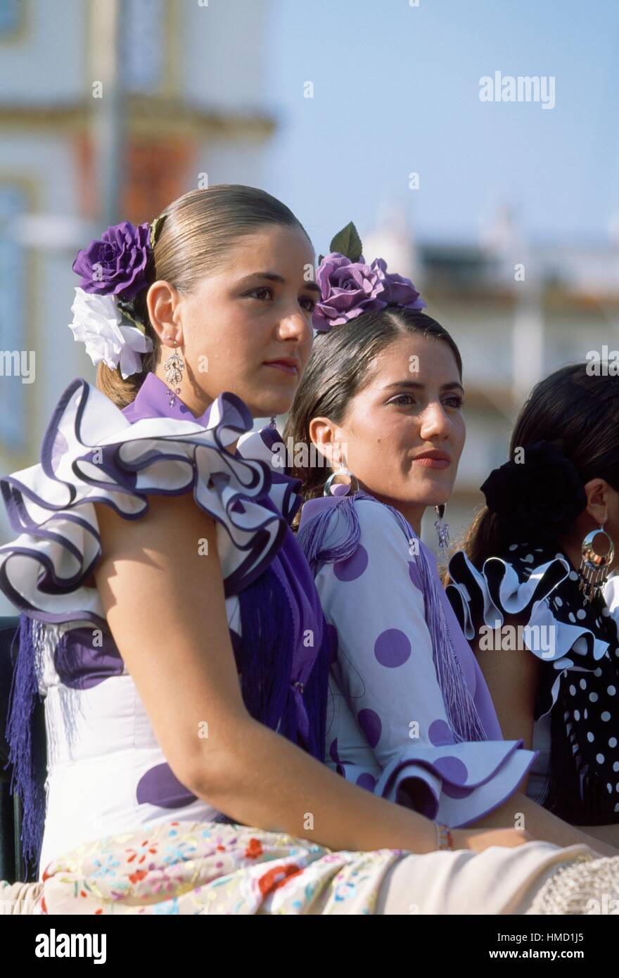 Girls in traditional costumes at the Feria de Abril (April fair ...