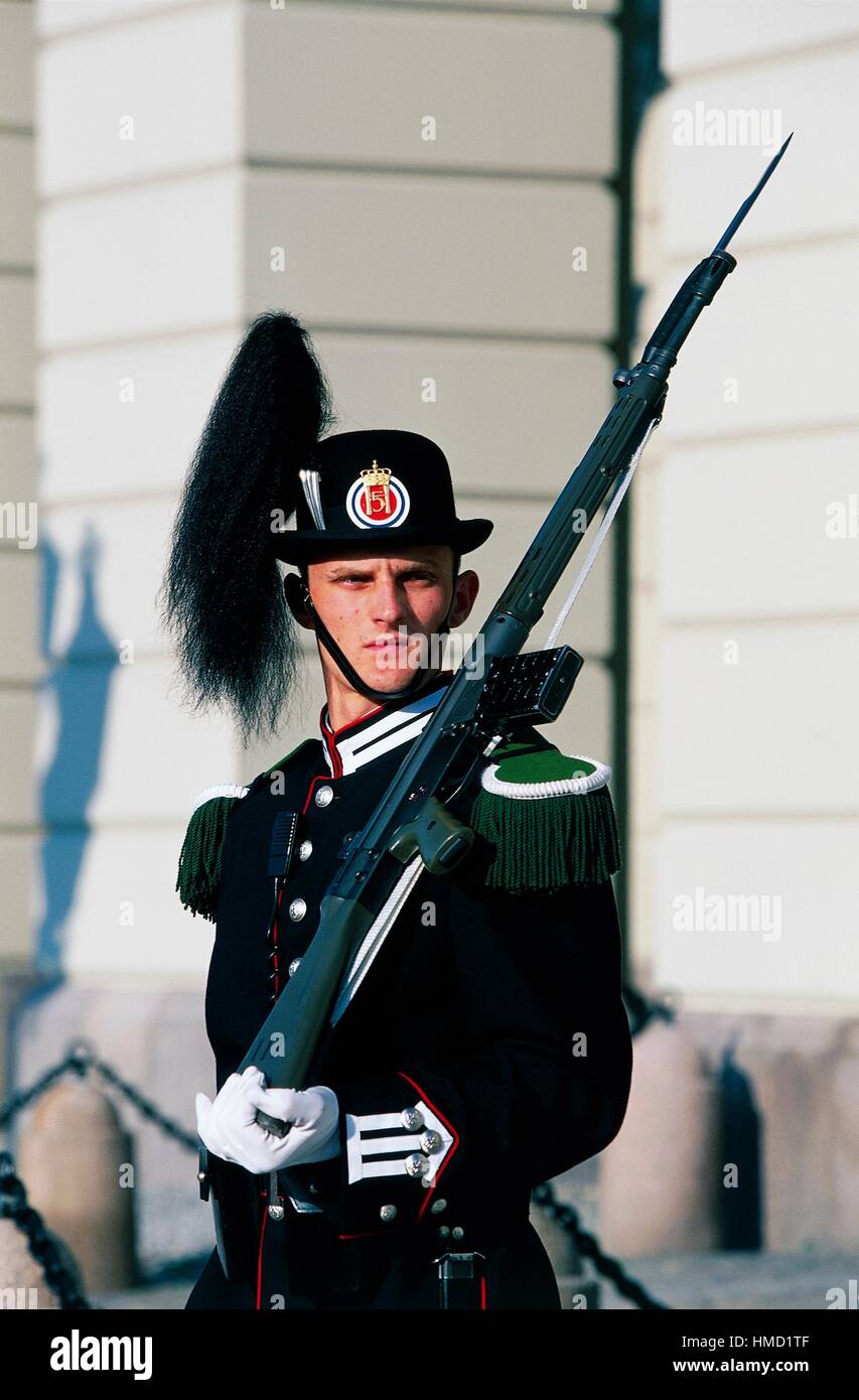 A soldier on guard in front of the Royal Palace in Oslo (Det kongelige ...