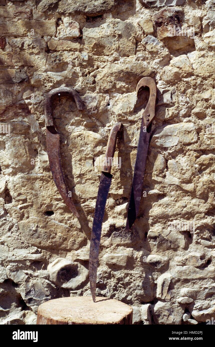 Old hand tools against a wall hi-res stock photography and images - Alamy