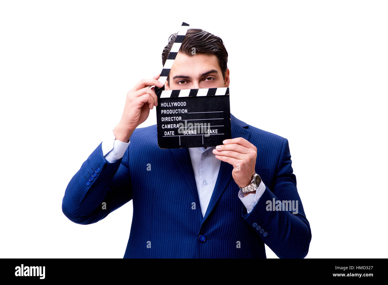 Handsome man with movie clapper isolated on white Stock Photo - Alamy