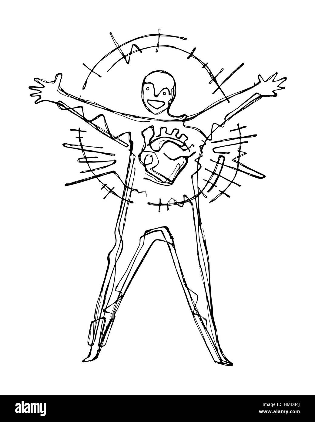 Hand drawn vector illustration or drawing of a happy man with open arms ...