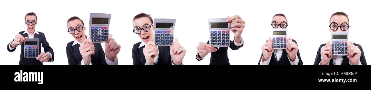 Nerd female accountant with calculator Stock Photo - Alamy