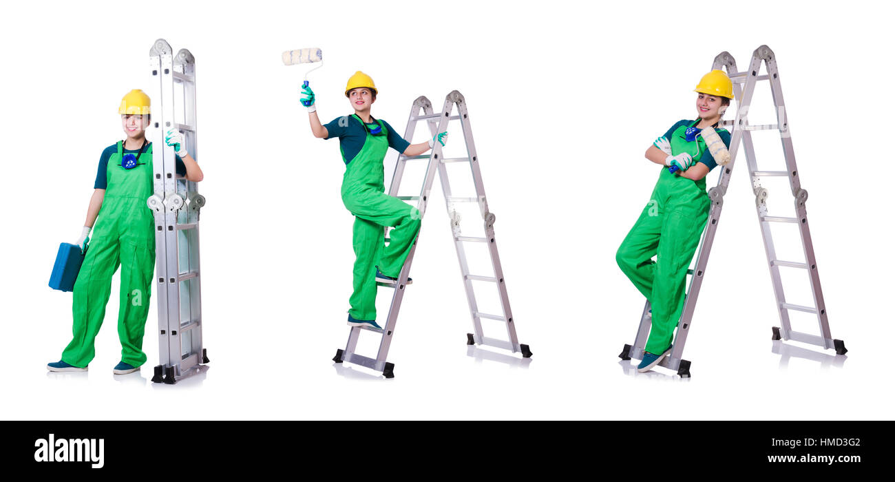 Female construction worker with toolkit and ladder Stock Photo - Alamy