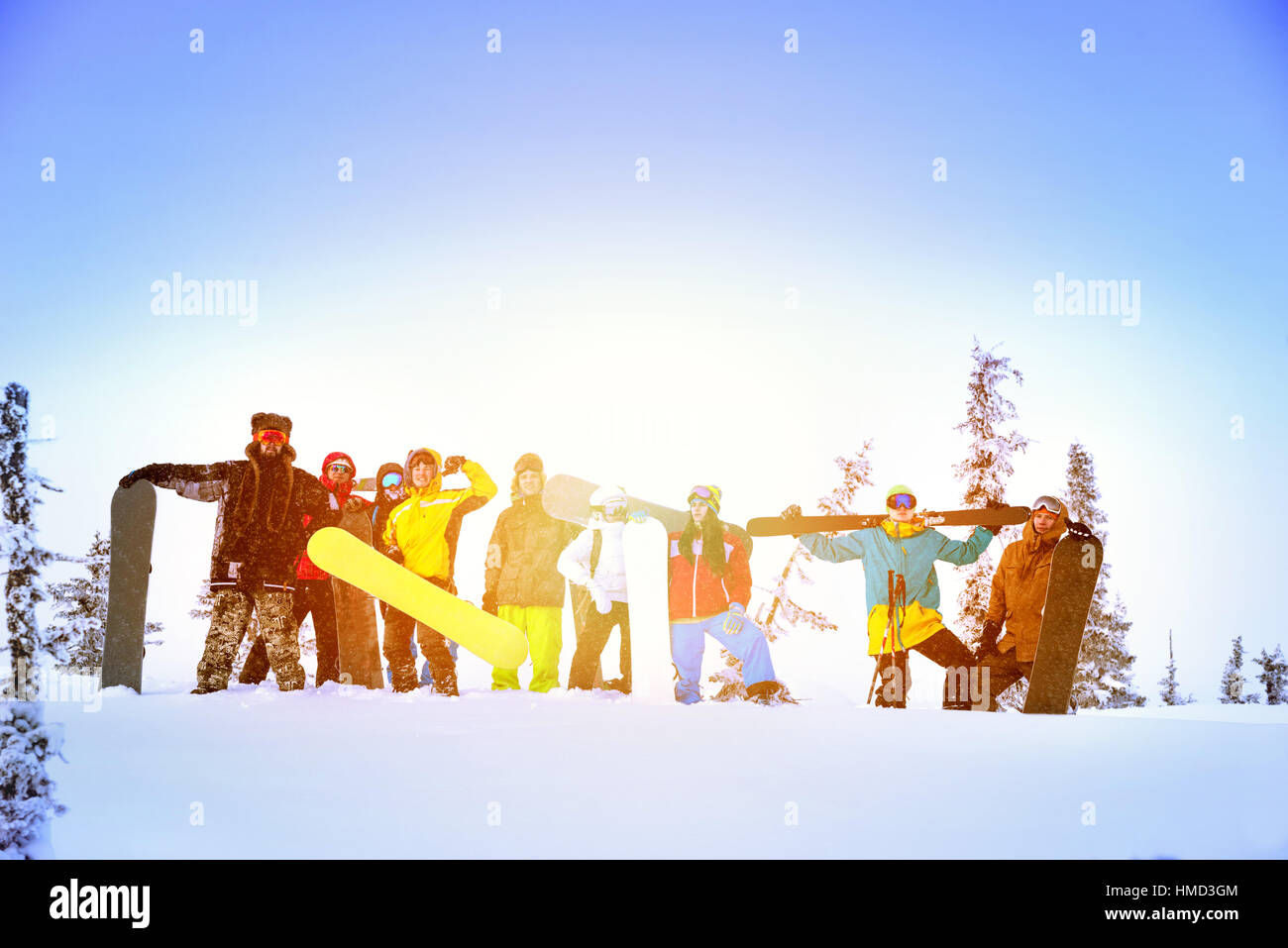 Group friends skiing snowboarding resort Stock Photo - Alamy