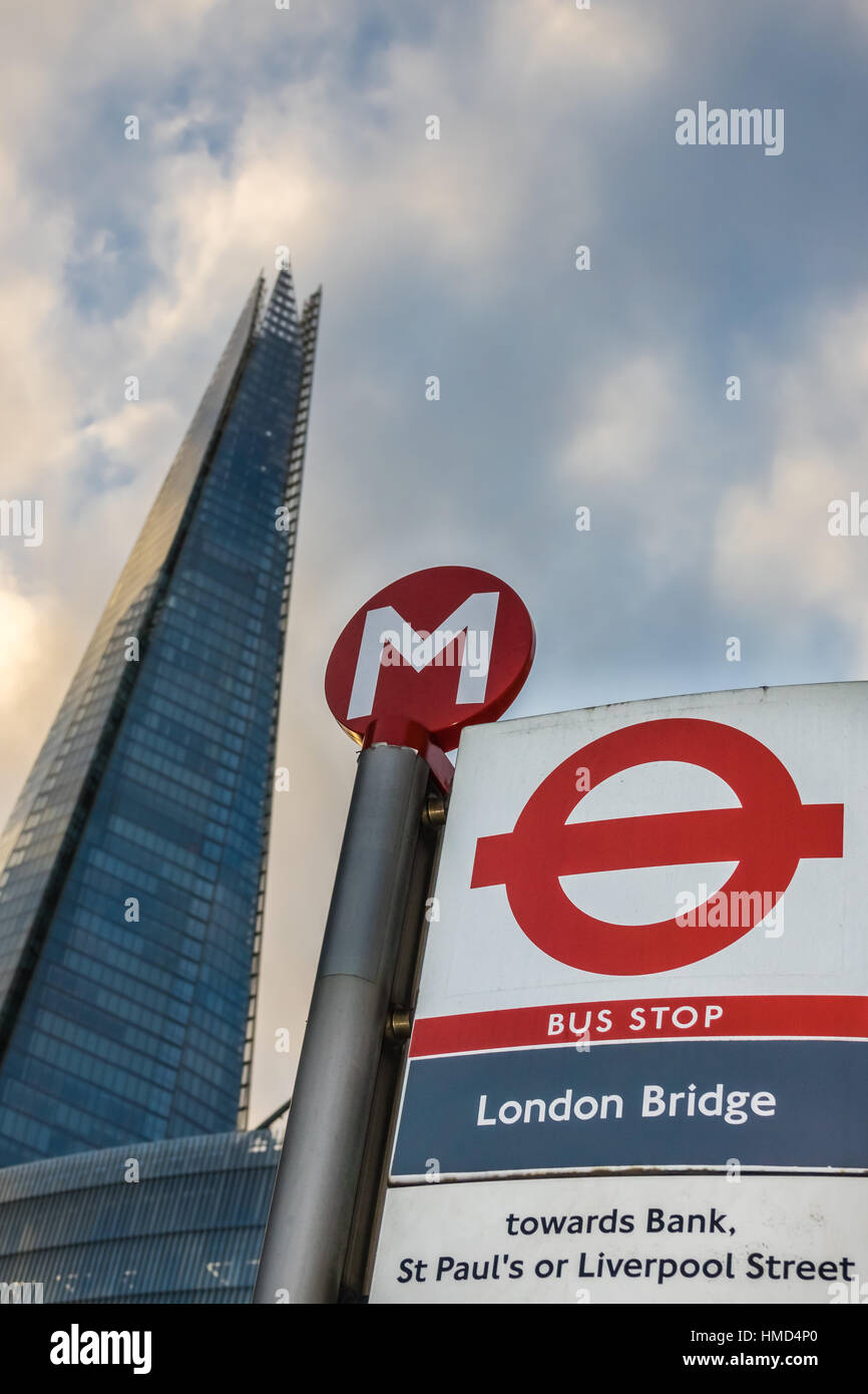 London, England - January 06, 2017: London Bridge bus stop sign with ...