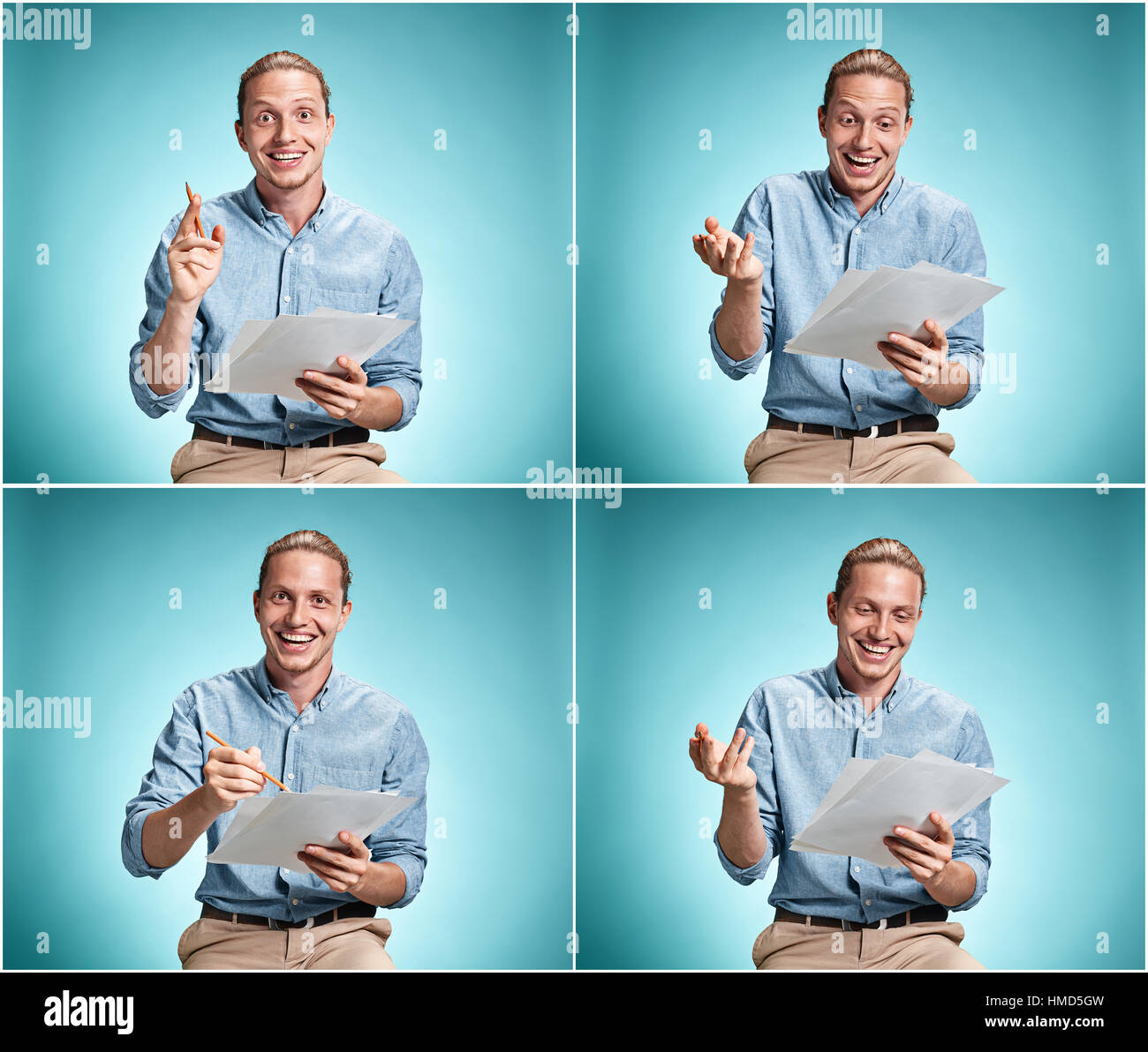 Smart smiling student with great idea holding sheets of paper Stock ...