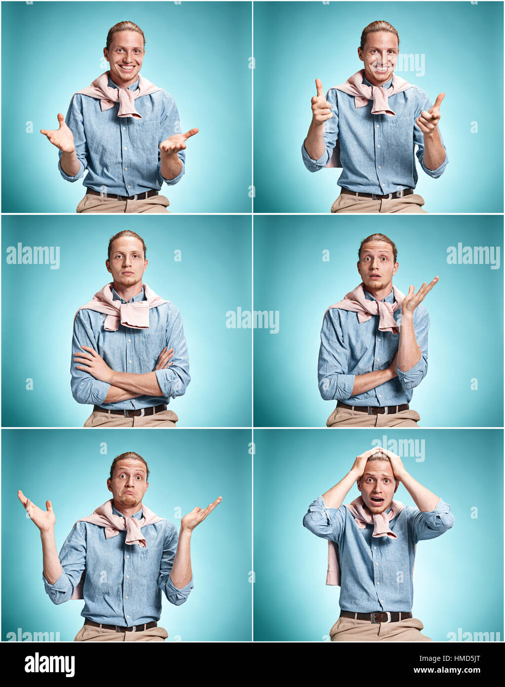 The surprised young man over blue background Stock Photo - Alamy