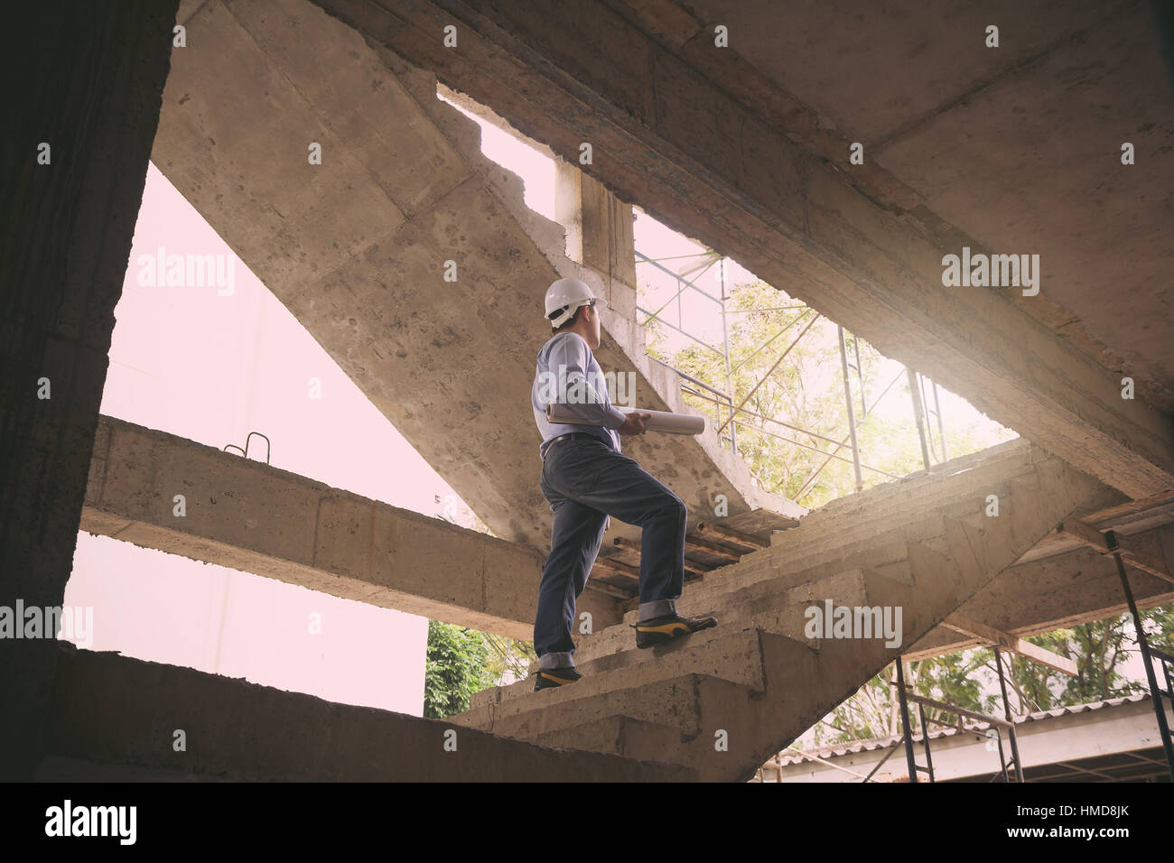 Engineer Architect working at Construction Site, Vintage Effect Stock ...