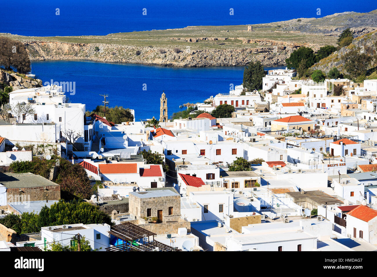 view over the rooftops and town of Lindos, Rhodes, Greece Stock Photo ...