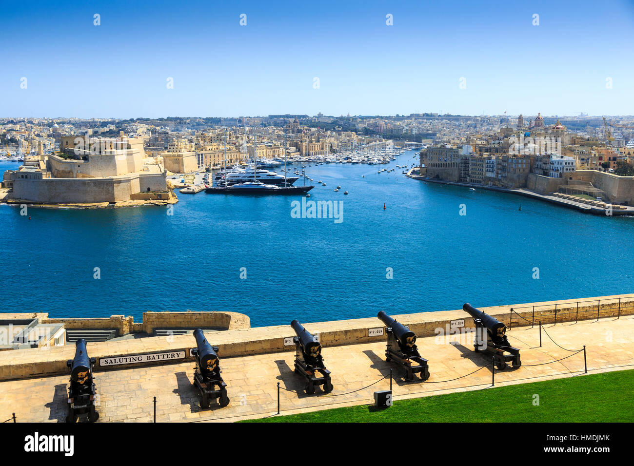 View of the cannons of upper barraka gardens, valetta, malta with the ...