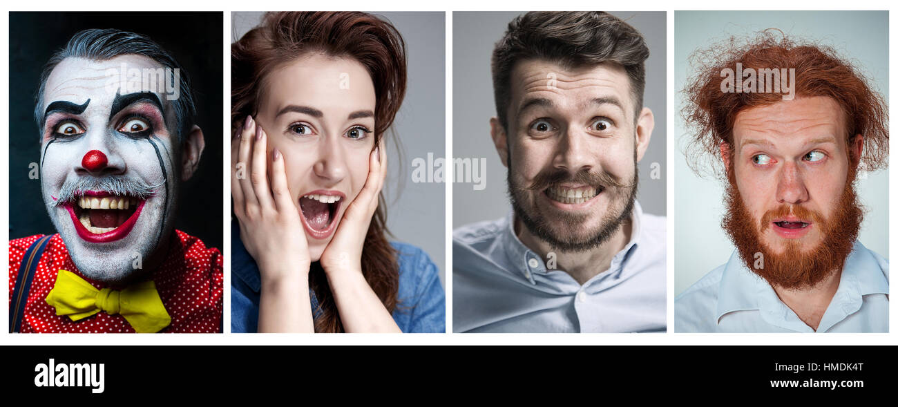 The collage of young man and woman face expressions Stock Photo - Alamy