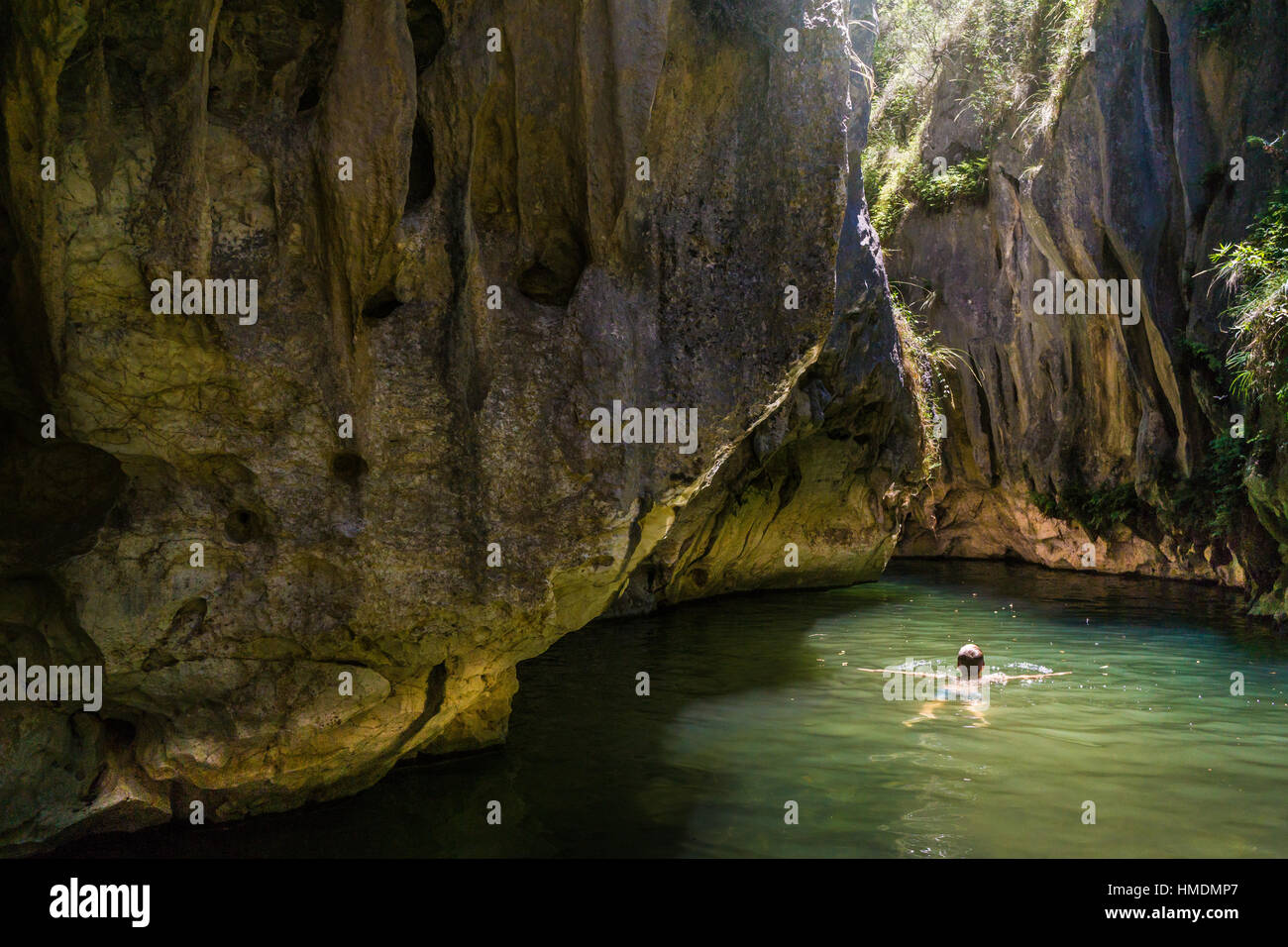 A boy swimming the gorge at the Wombeyan Caves, NSW, Australia Stock ...