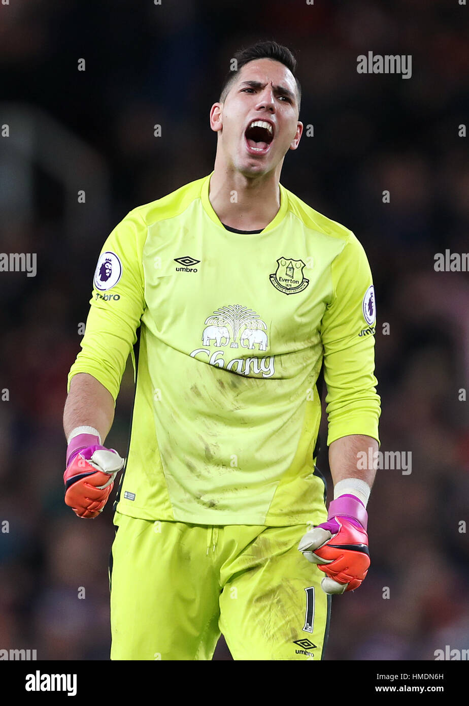 Everton goalkeeper Joel Robles celebrates his side's goal Stock Photo ...