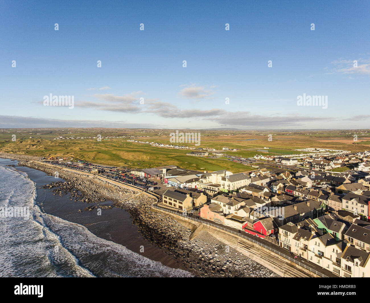 Aerial view of Ireland's top surfing town and beach in Ireland. Lahinch ...