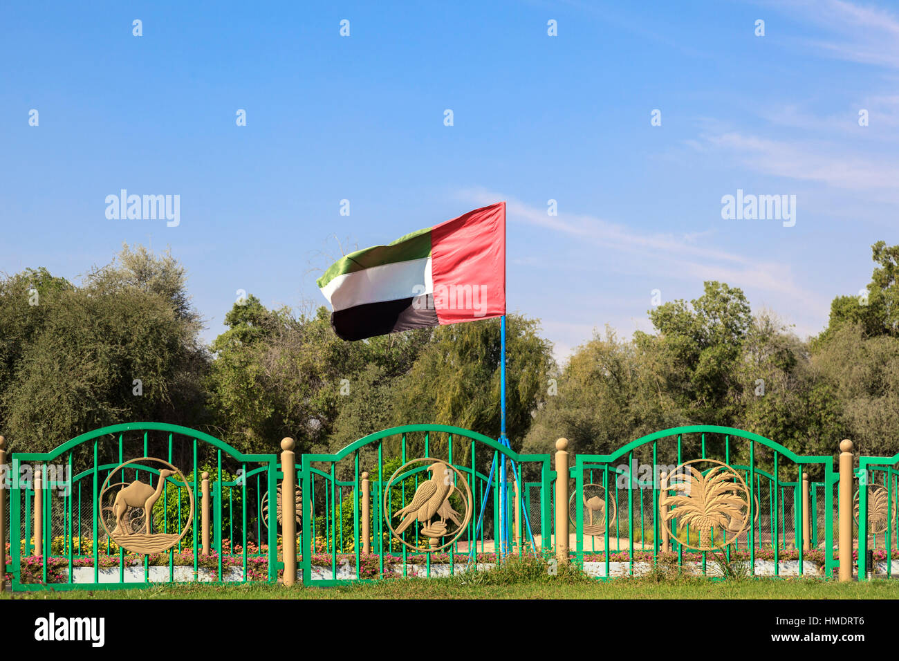 National flag of the UAE in Liwa Oasis town. United Arab Emirates Stock ...
