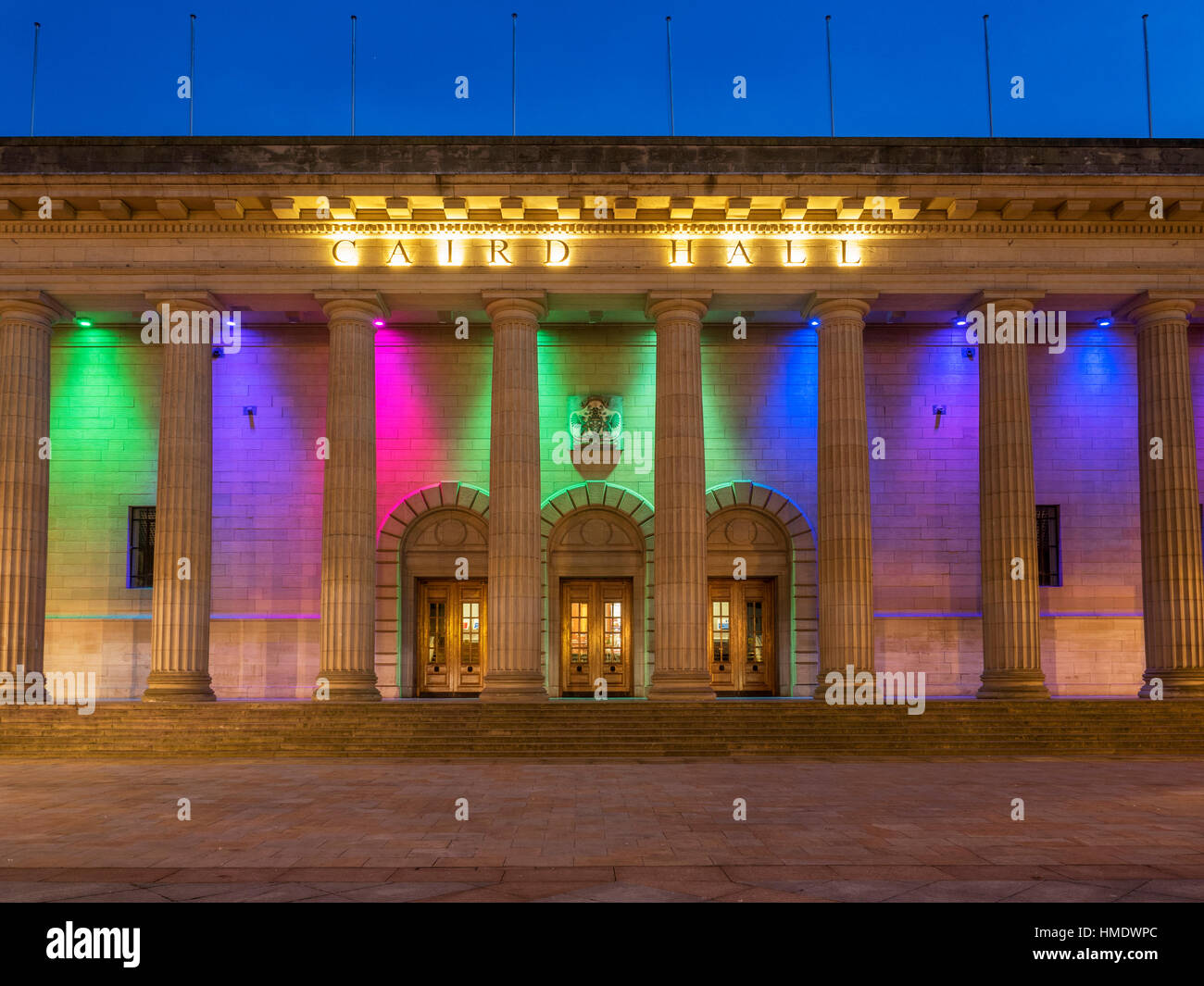 Coloured Lights on Caird Hall at Dusk Dundee Scotland Stock Photo - Alamy