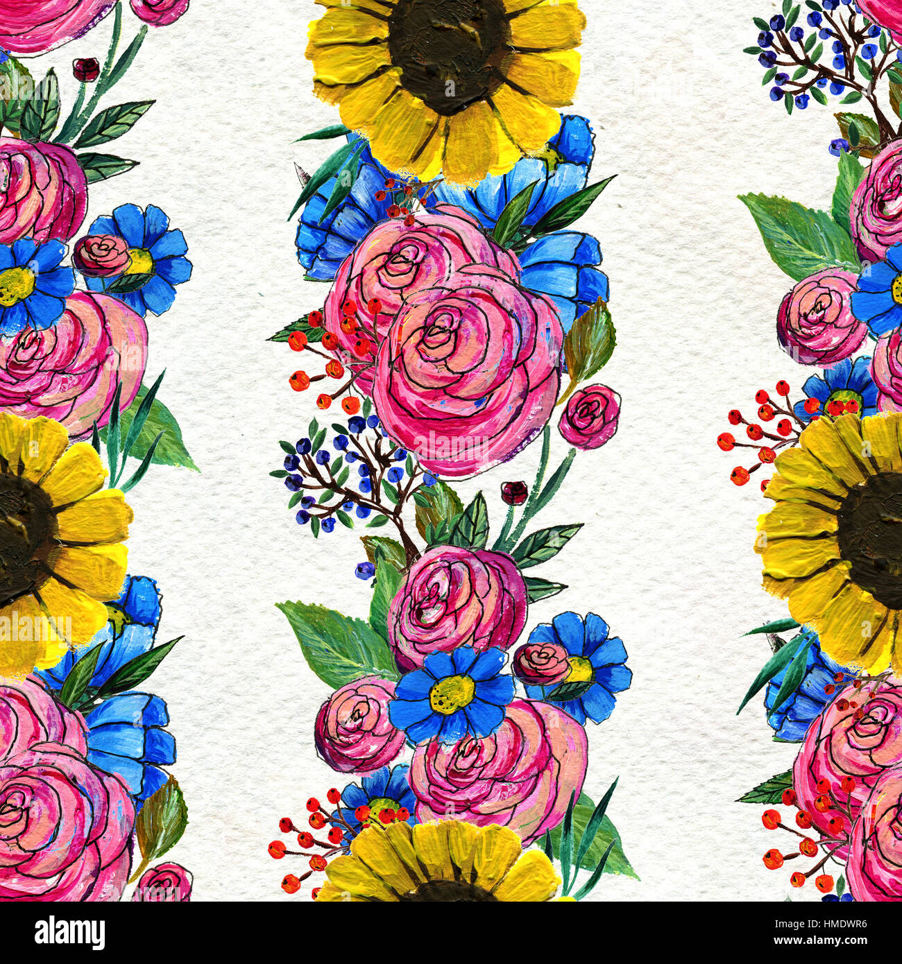 Seamless pattern with blue yellow and pink flowers Stock Photo - Alamy