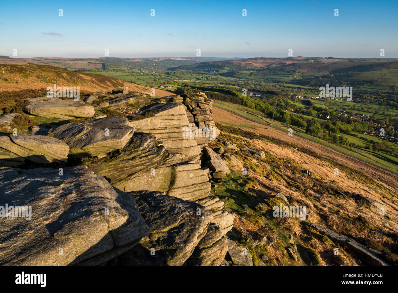 Rocks on Bamford edge in the Peak District park with summer sunlight on ...