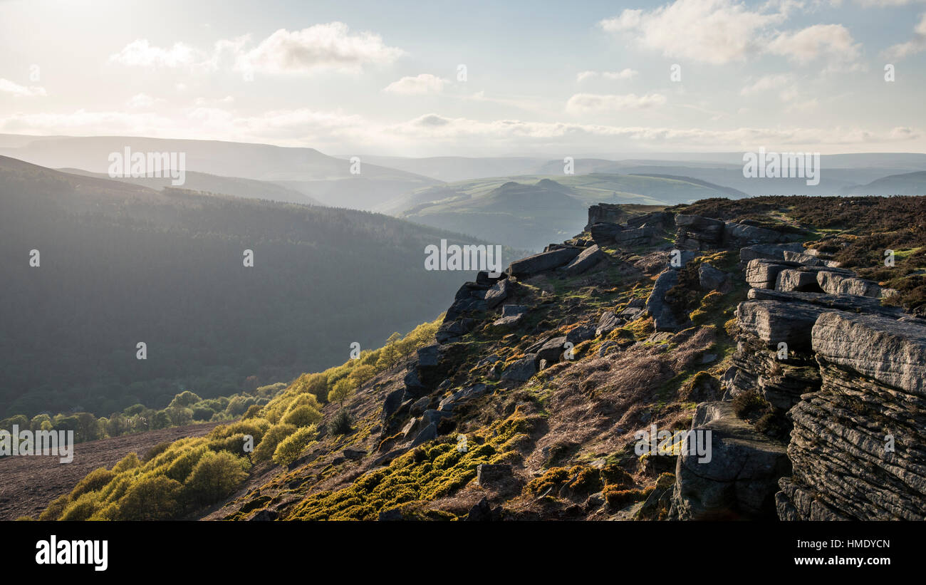 Beautiful view from Bamford edge in the Peak District on a sunny summer ...