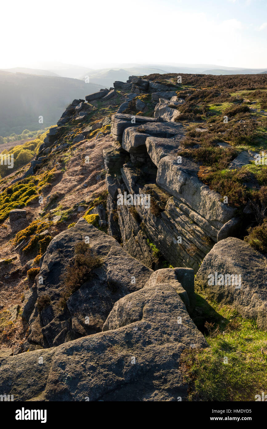 Rocks on Bamford edge in the Peak District park with summer sunlight on ...