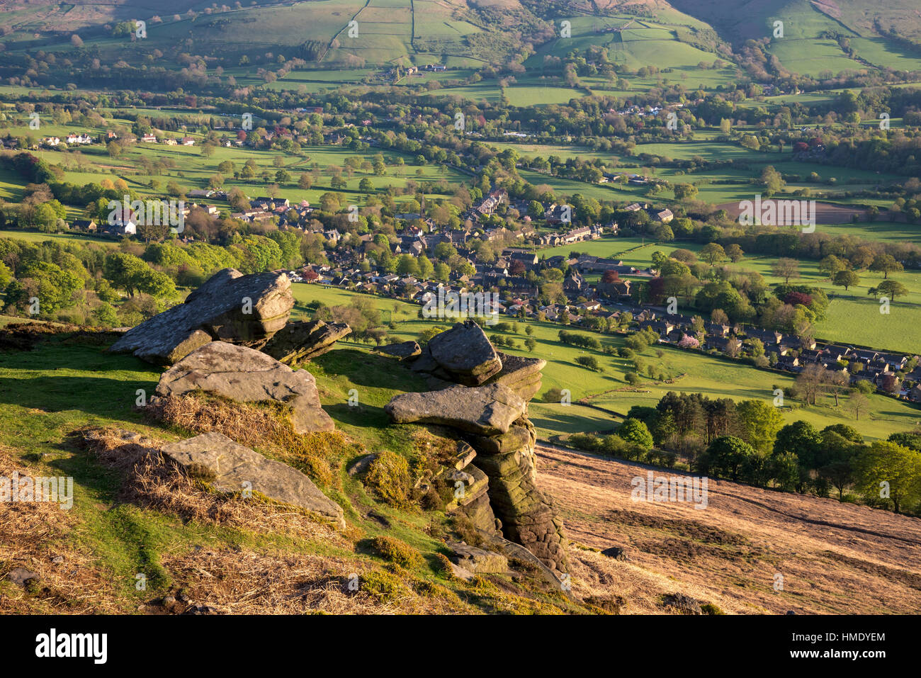View of the village of Bamford from Bamford edge in the Peak District ...