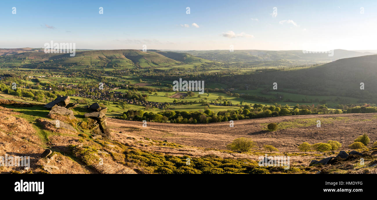 View of the village of Bamford from Bamford edge in the Peak District ...