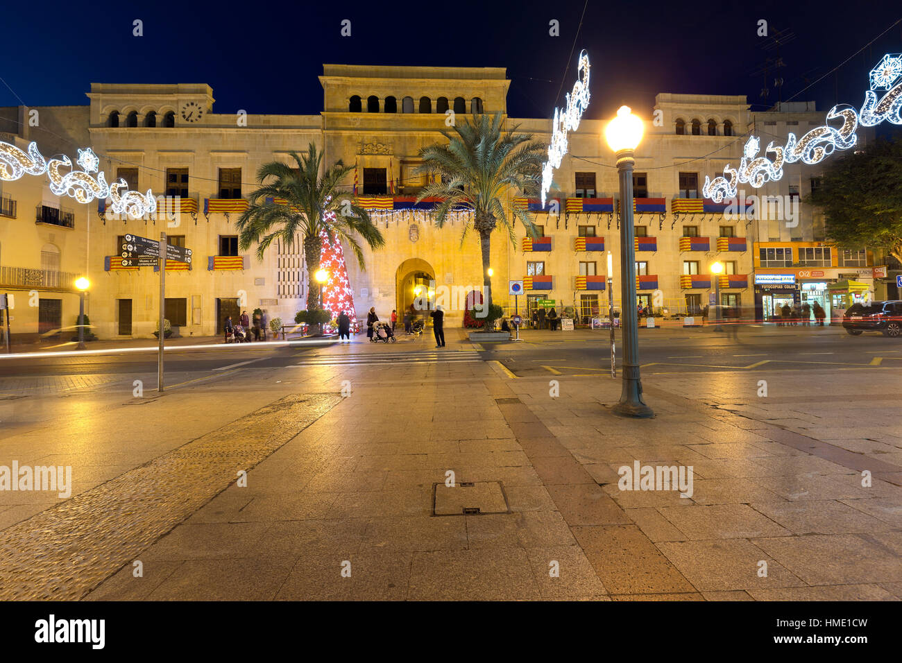 Elche, Spain. January 4, 2017: Town Hall Square of Elche at night ...