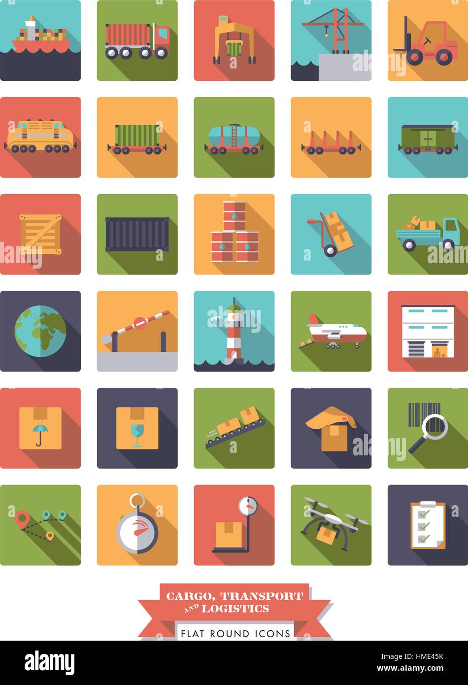 Collection of flat design long shadow cargo, transport and logistics ...