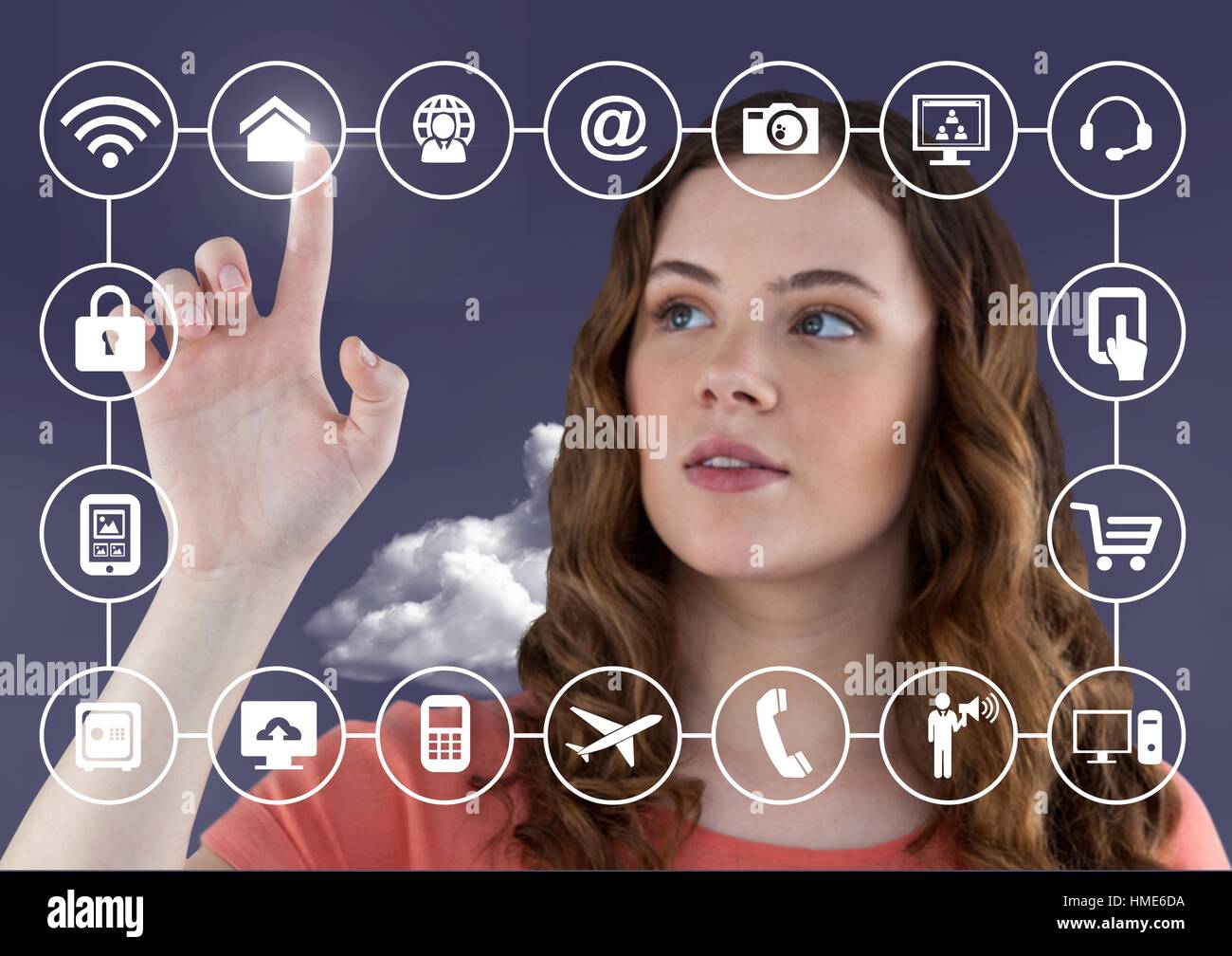 Woman touching smart phone application icons Stock Photo - Alamy