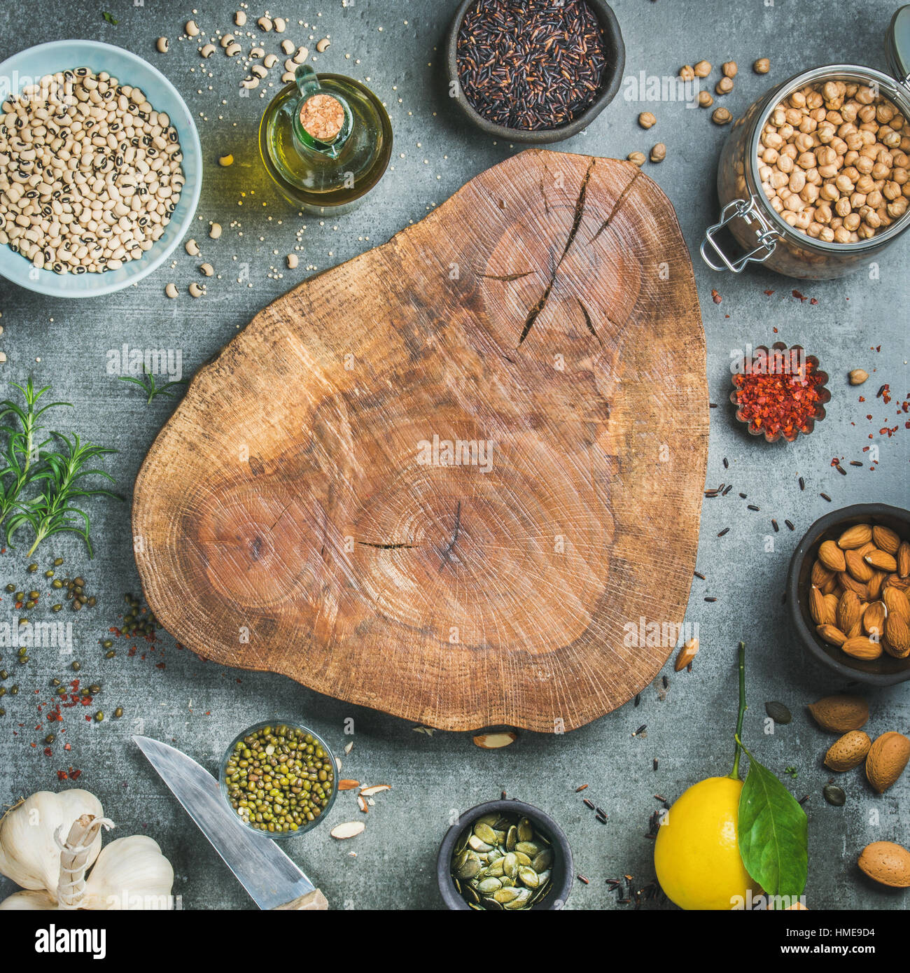 Ingredients for healthy cooking. Beans, rice, chickpeas, almond, seeds ...