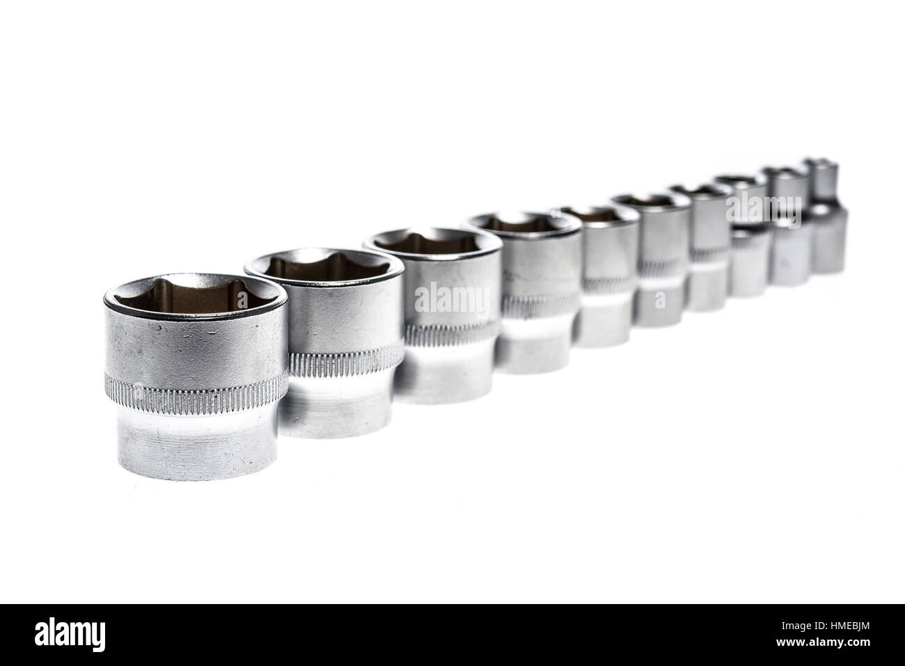 Set of Metallic Socket wrench tools isolated on white background ...