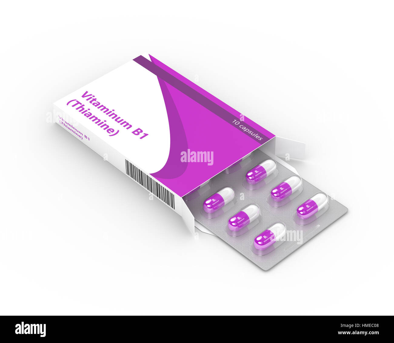 3d rendering of B1 vitamin pills in blister pack lying on white table ...