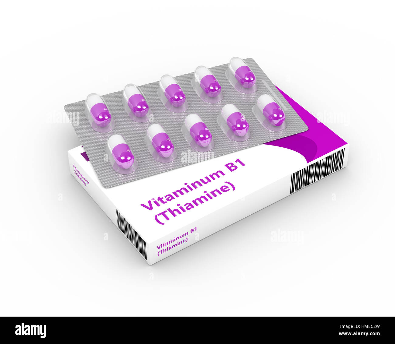 3d rendering of B1 vitamin pills in blister pack isolated over white ...